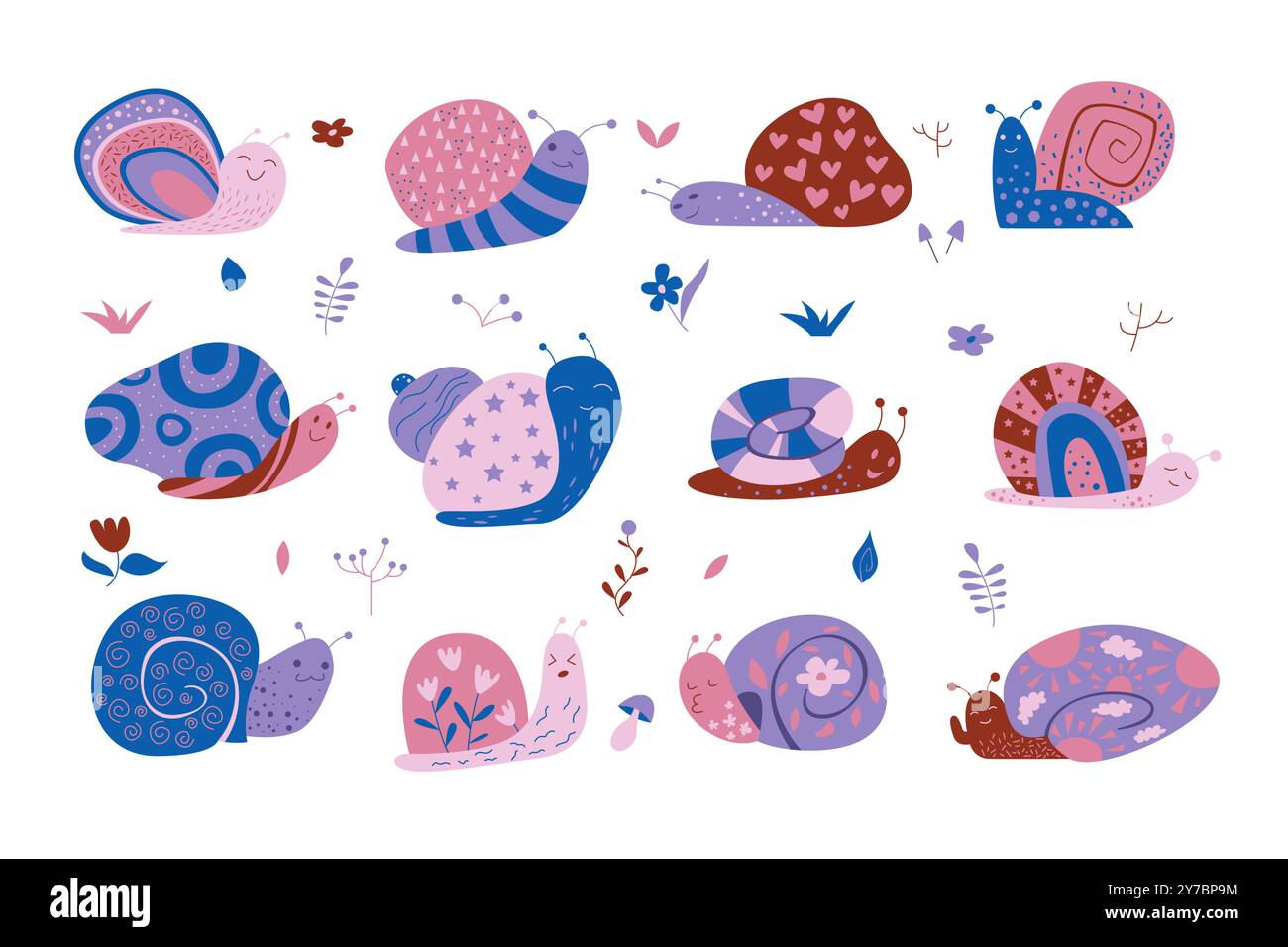 Cute snails set. Blue and purple baby slugs with different patterns on spiral shells, snails ...