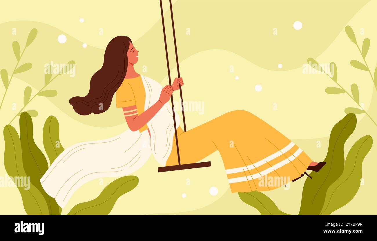 Indian young woman in traditional dress riding swing among green ...