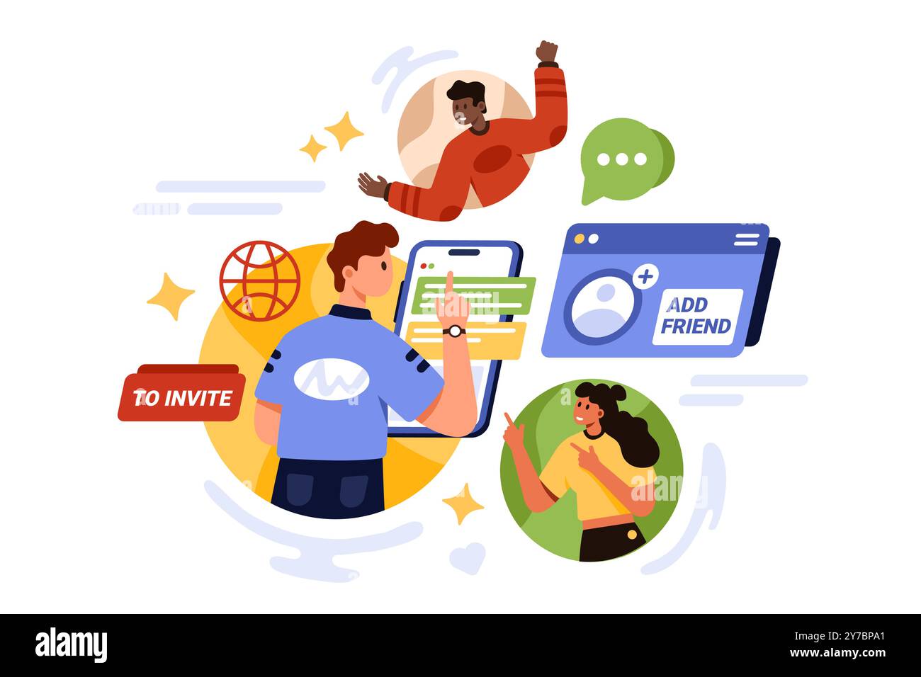 Add friend, referral loyalty program, friendship in social media. Tiny ...