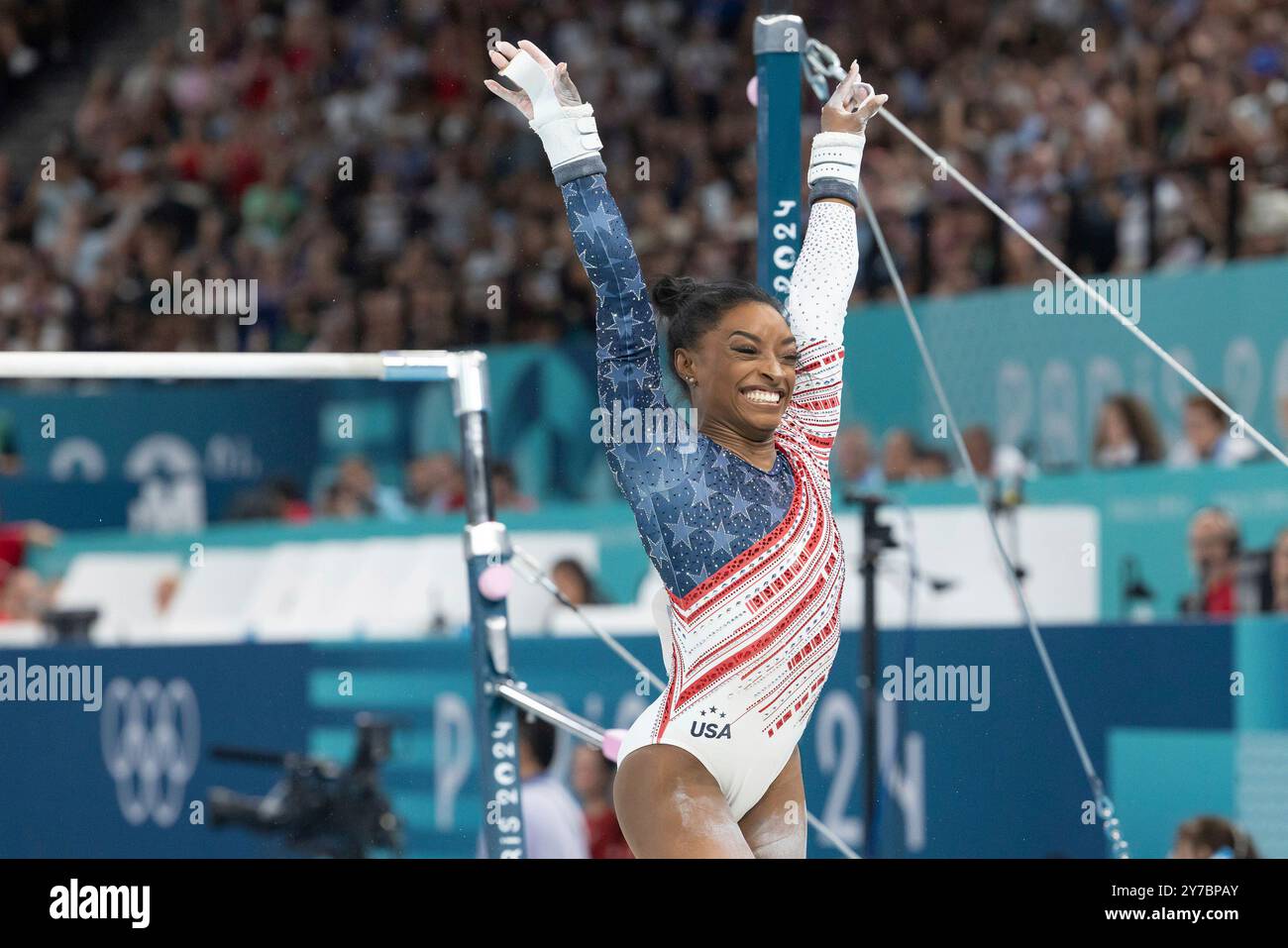 July 30, 2024: Simone Biles of USA salutes after her uneven bars ...