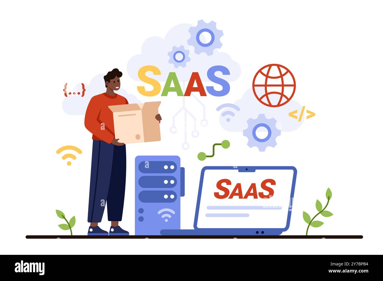 SaaS, software as service. Tiny man with digital app box, online ...