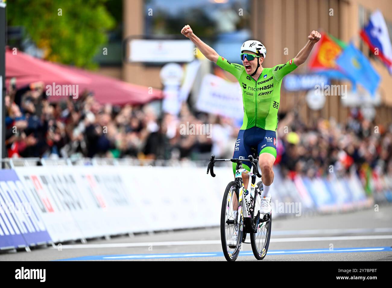Switzerland. 29th Sep, 2024. Slovenian Tadej Pogacar and pictured passing the finish line of the ...