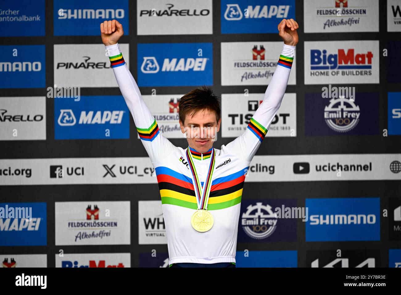 Switzerland. 29th Sep, 2024. Slovenian Tadej Pogacar and gold medalist pictured on the podium of ...
