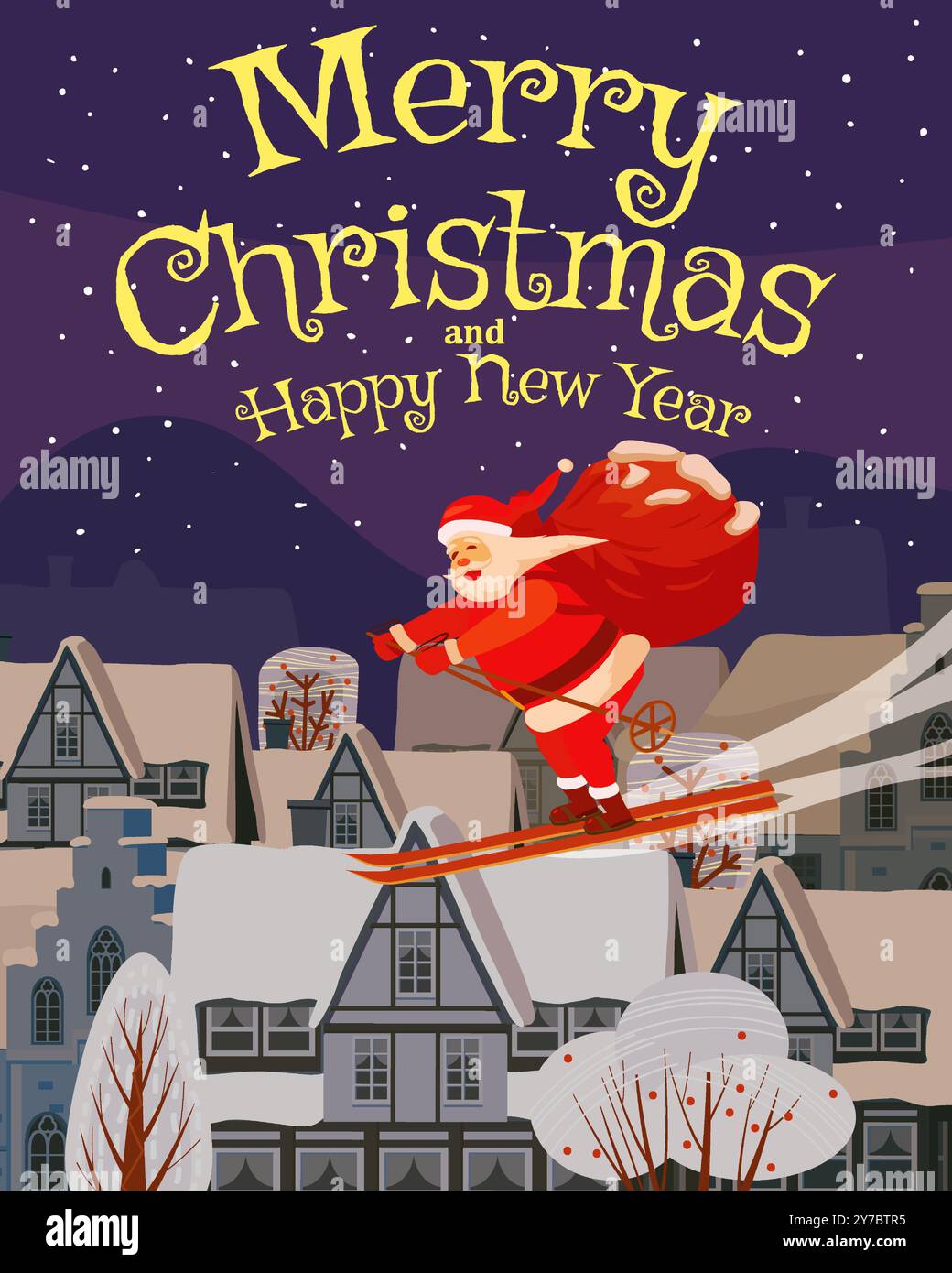 Santa Claus flying in the night sky by ski with sack full gifts, winter ...