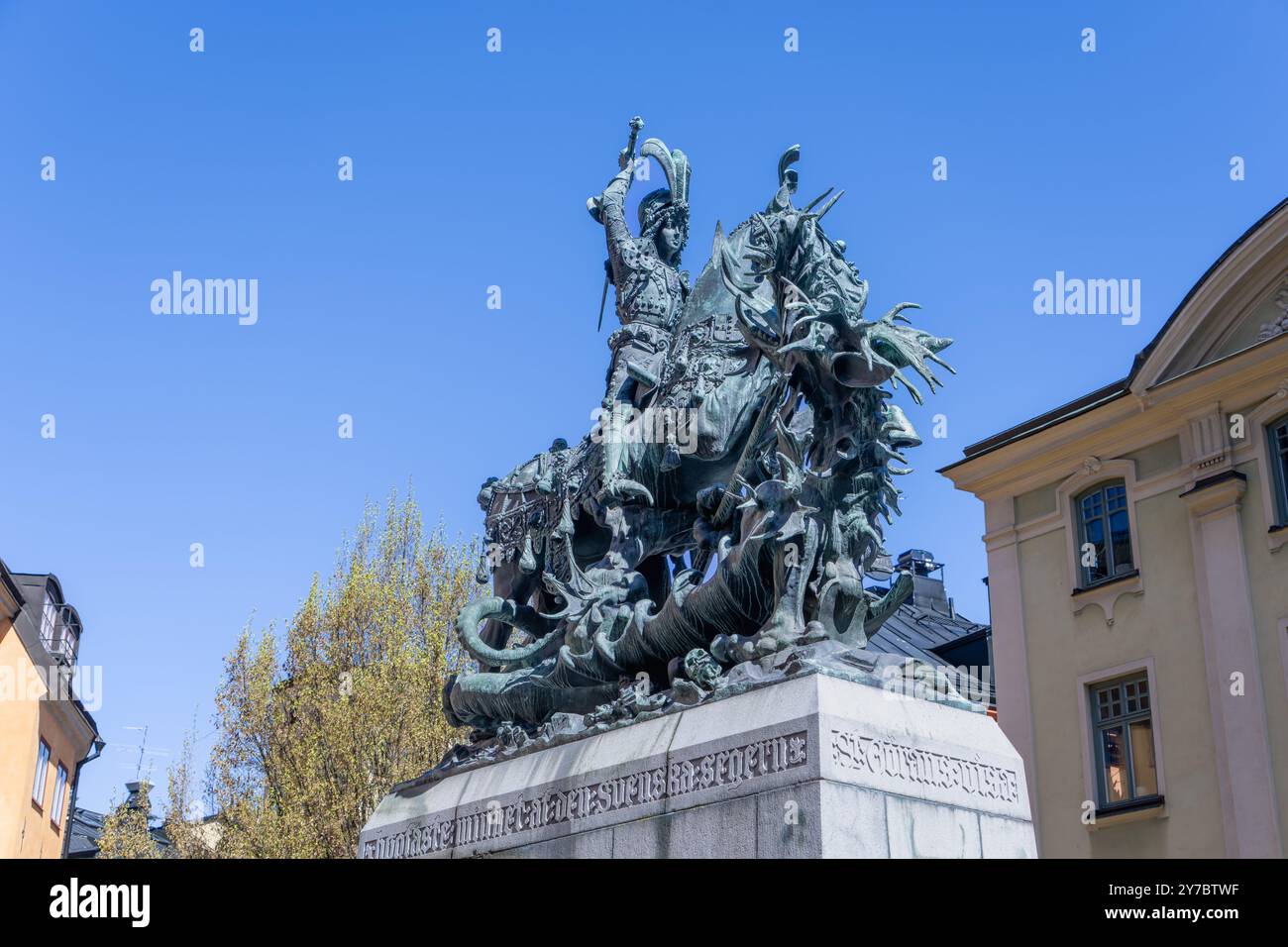 Stockholm, Sweden - May 9, 2024: A bronze statue of Saint George ...