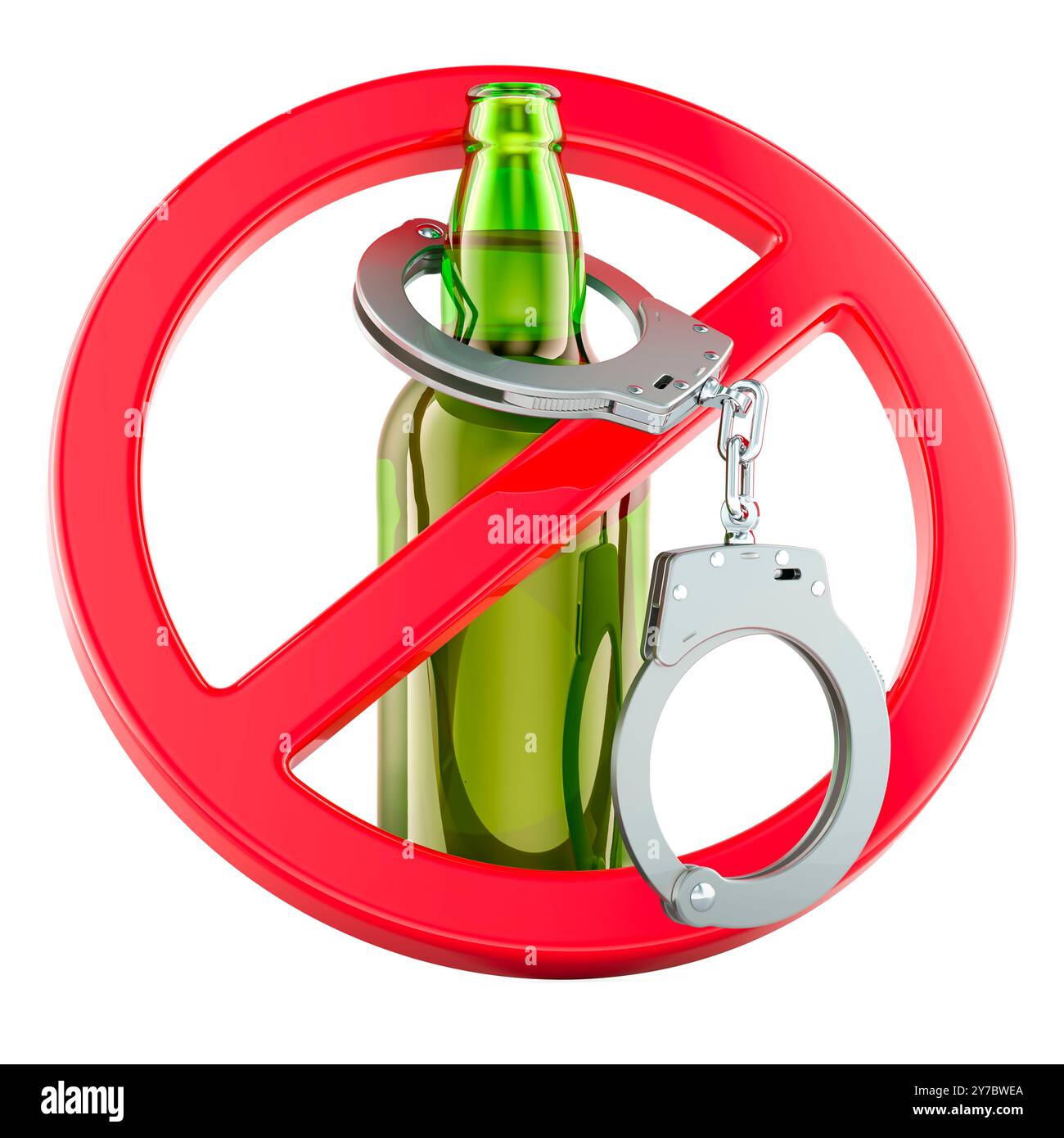 Alcohol addiction, concept. Beer bottle with handcuffs inside ...