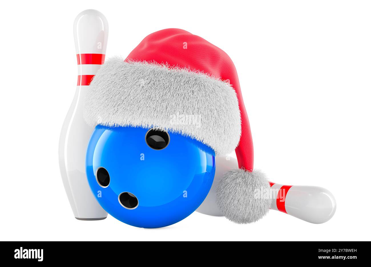 Bowling ball and skittles with Santa Claus red Christmas hat. 3D ...