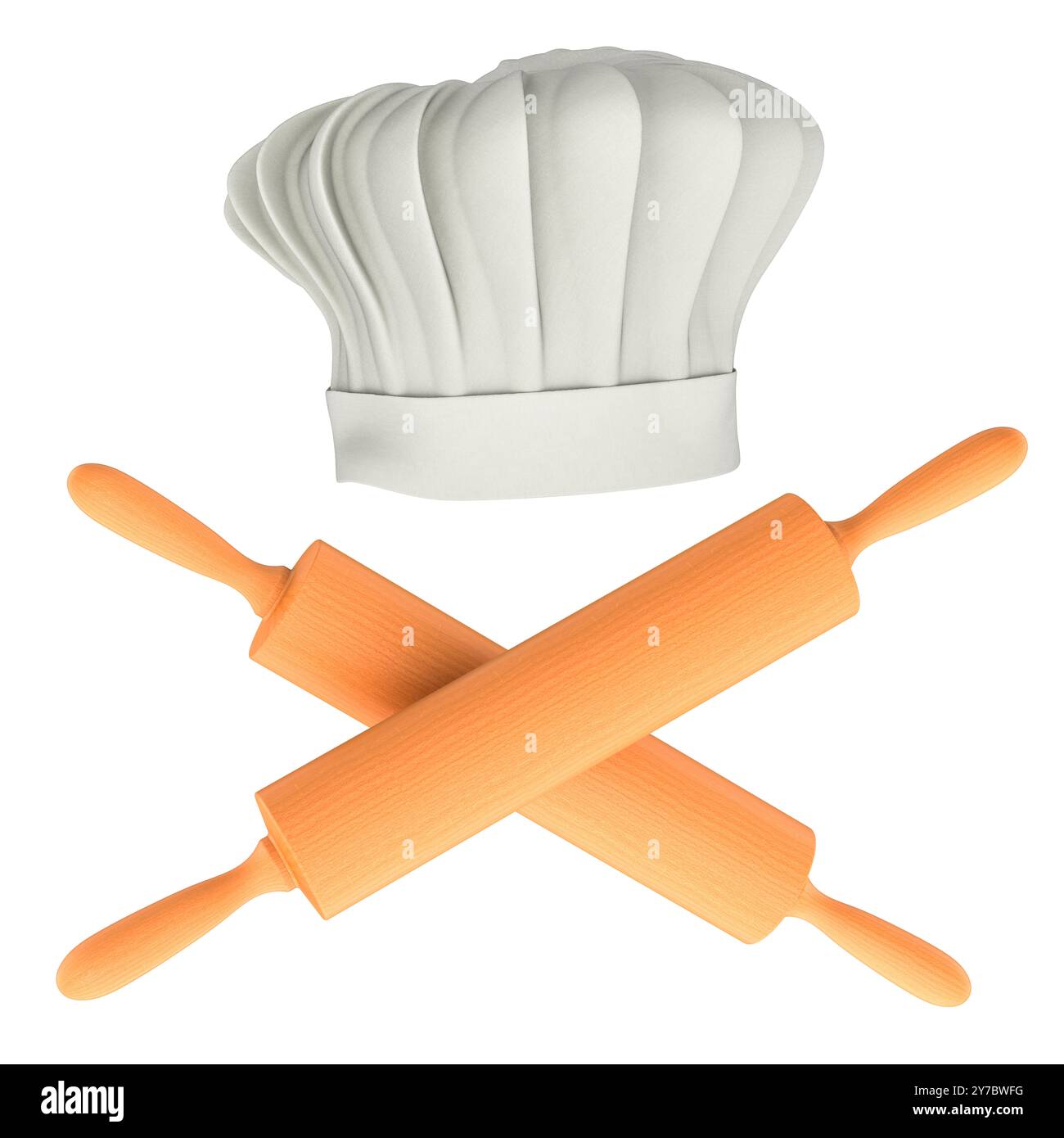 Chef hat with crossed of kitchen rolling pins, 3D rendering isolated on ...