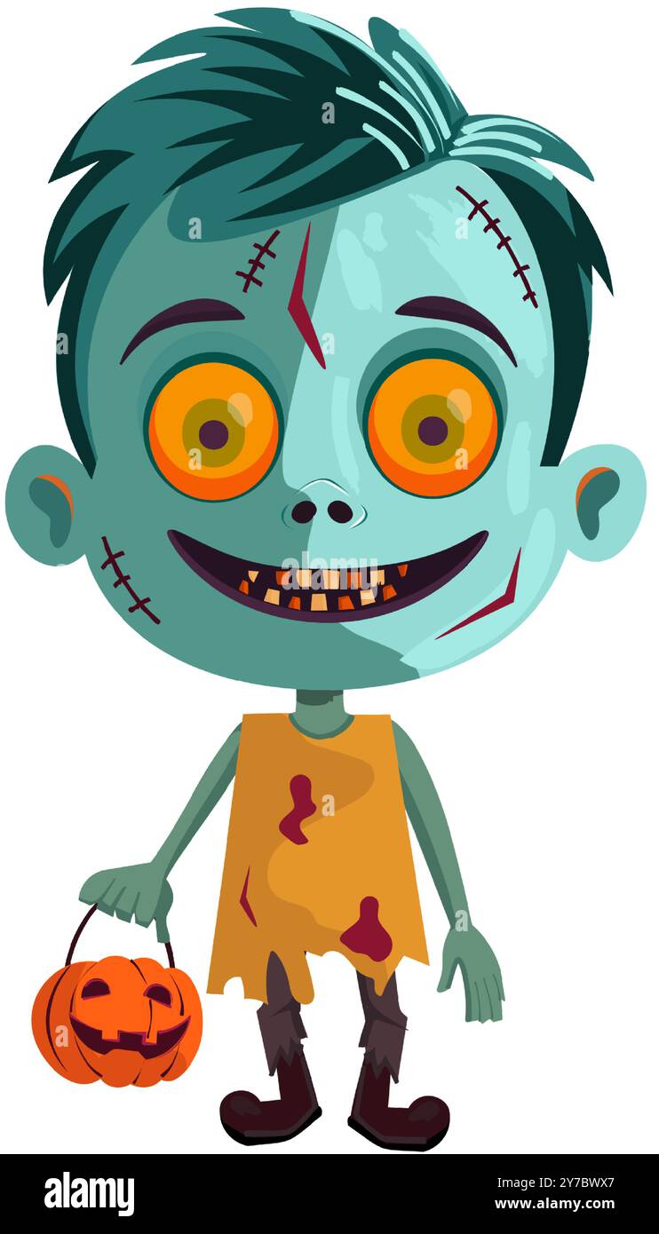 Halloween zombie boy smiling. Cartoon vector illustration. Kid wearing halloween costume Stock ...