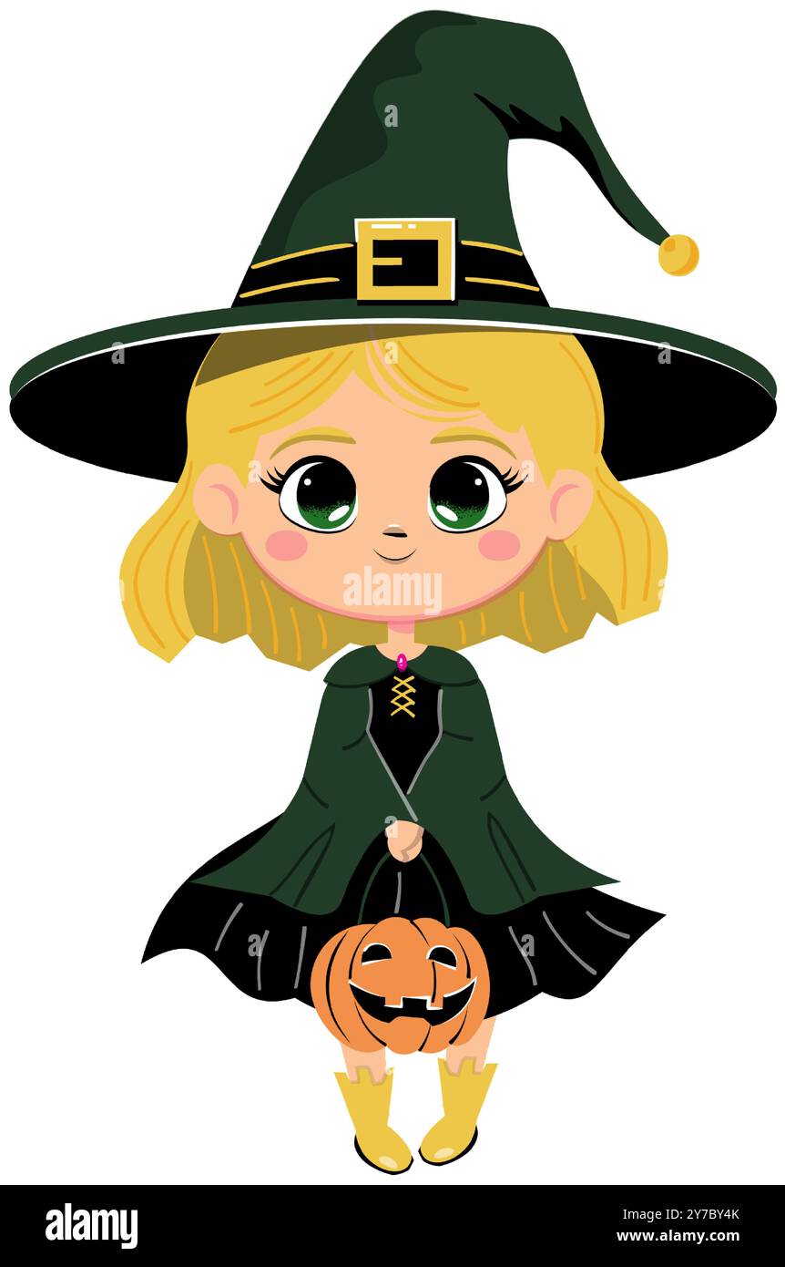 Cute blonde halloween witch girl holding pumpkin. Kawaii vector ...