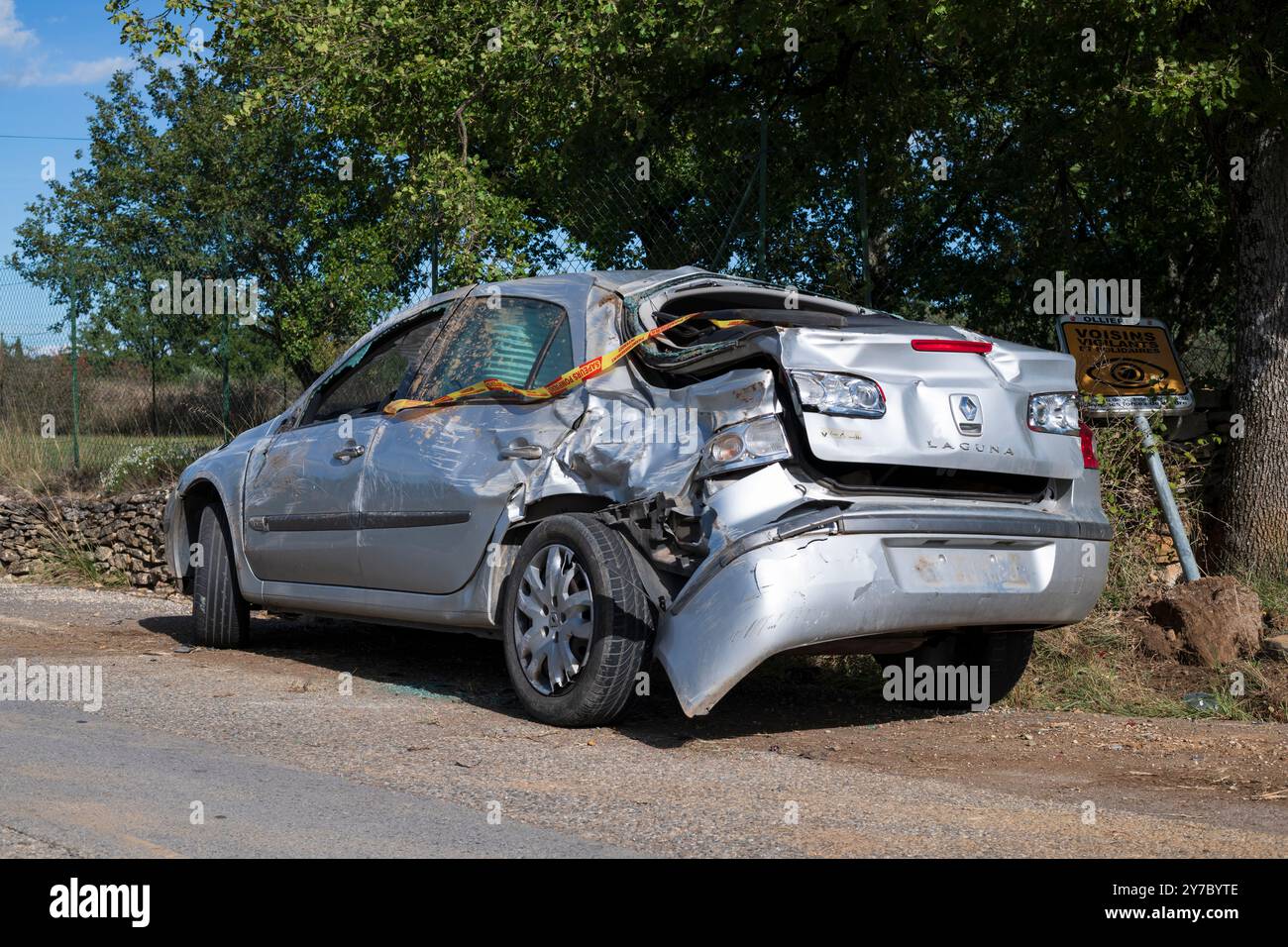 Ollières, France. 29 sept 2024. Wrecked car after traffic accident on ...
