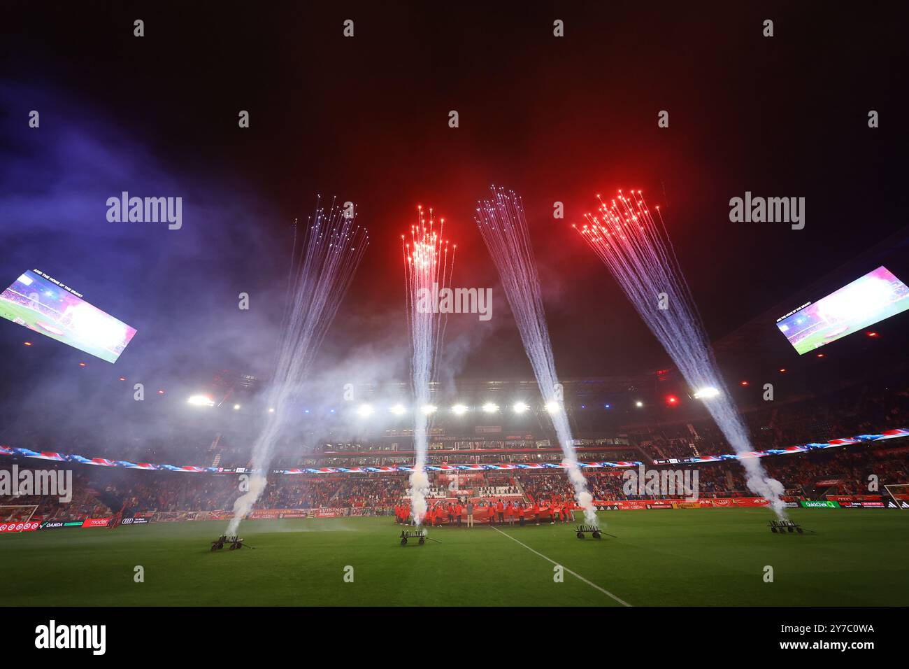 Fireworks are launched during the playing of the national anthem before ...