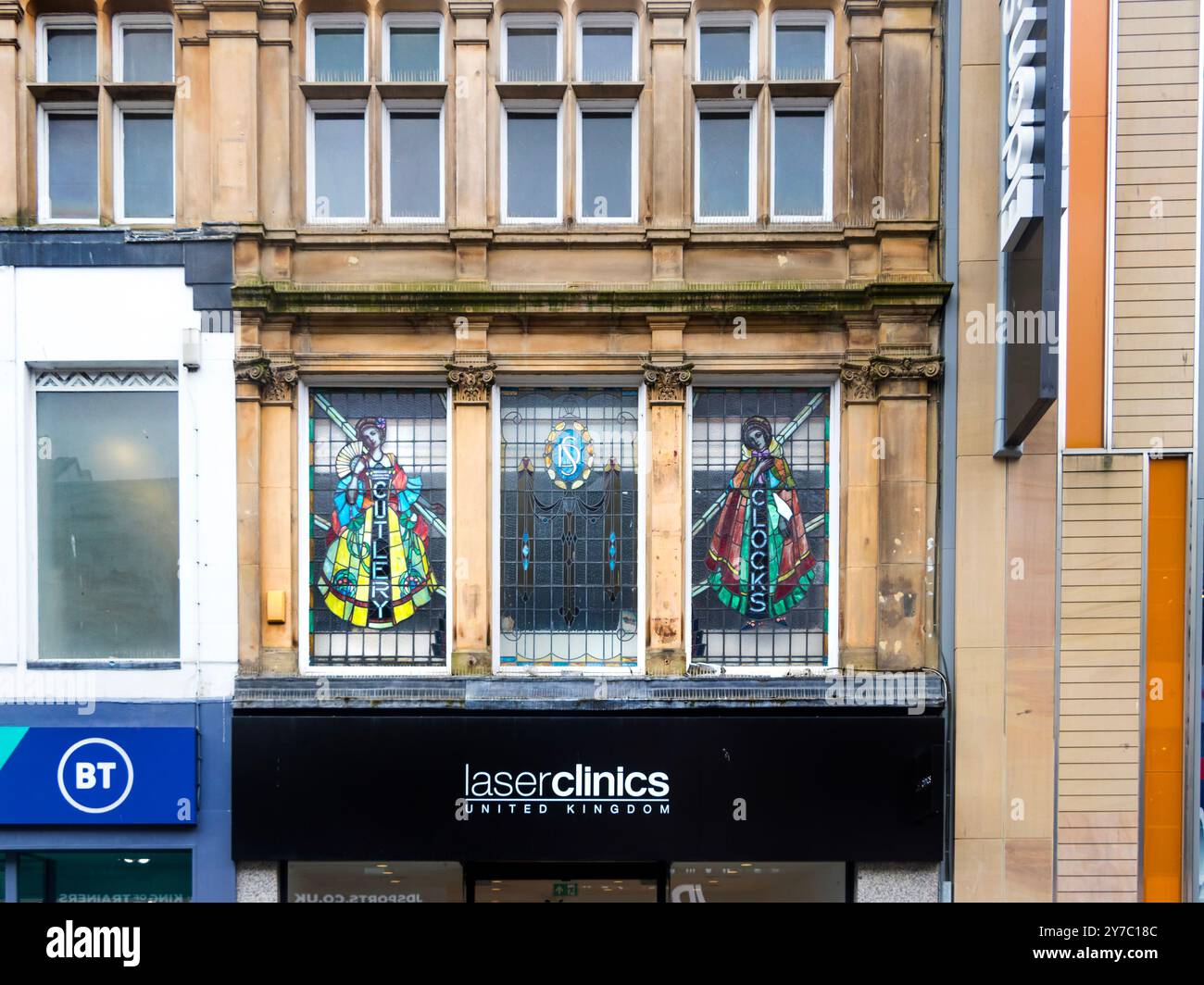 Facade of historic building & stained glass windows installed in 1936 ...