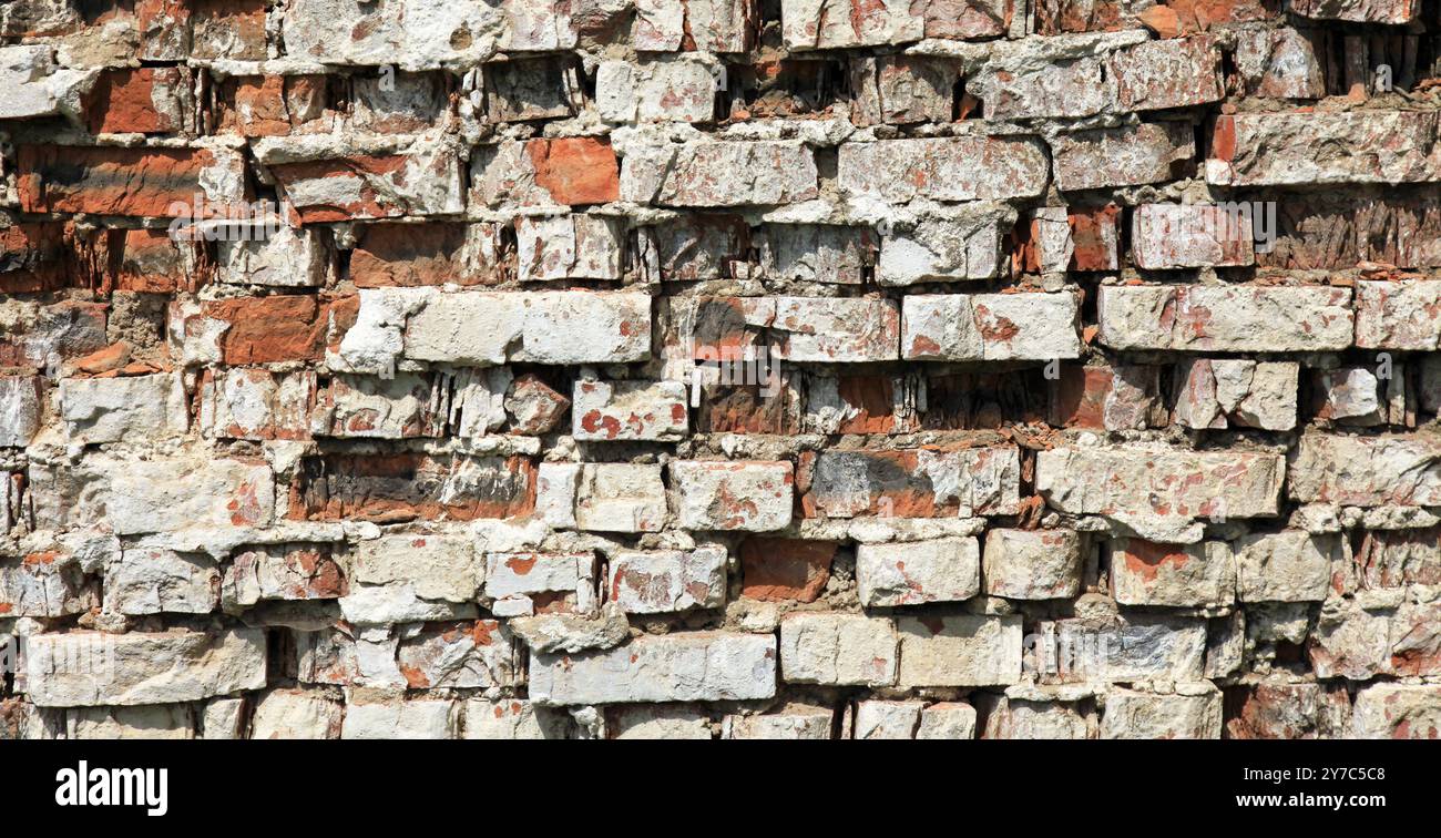 Old brick wall, backdrop. Ancient wall of old red bricks, darkened by ...