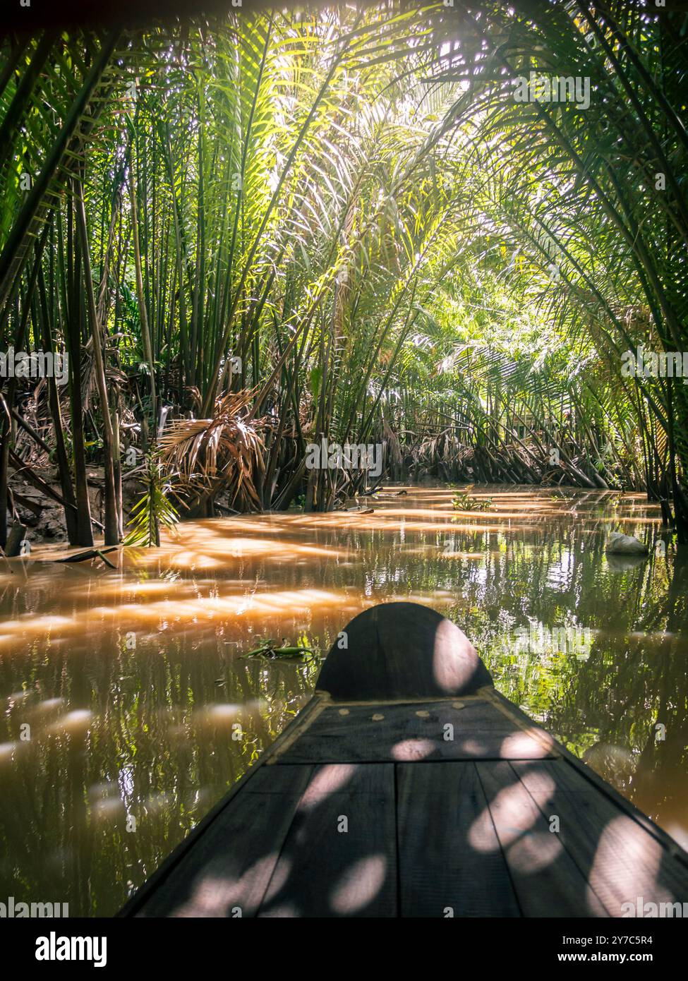 Small paddle boats and sampans in the narrow water canals in Ben Tre in ...