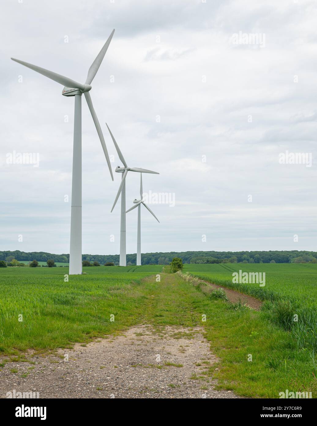 Windmills in the countryside landscape of island of Moen in Denmark ...