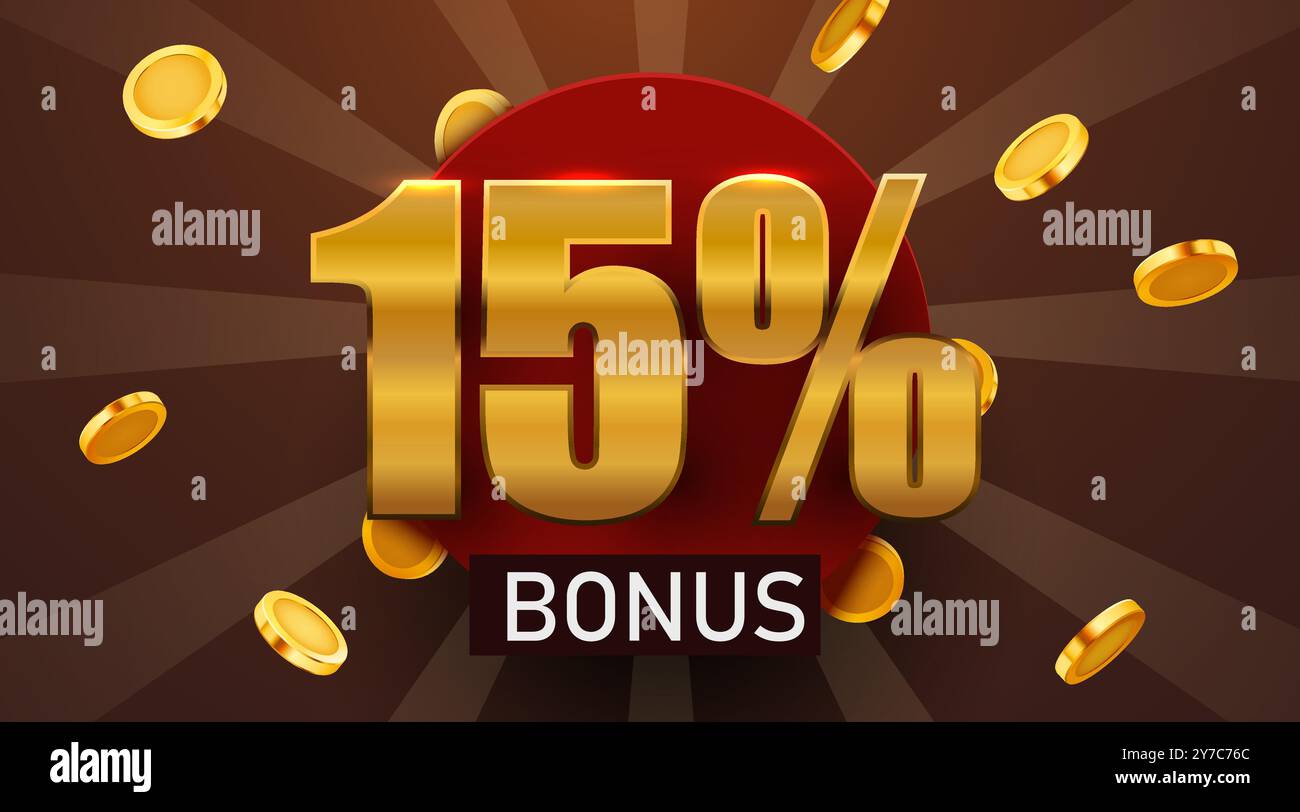 15 percent bonus with falling golden coins. Cashback or prize concept ...