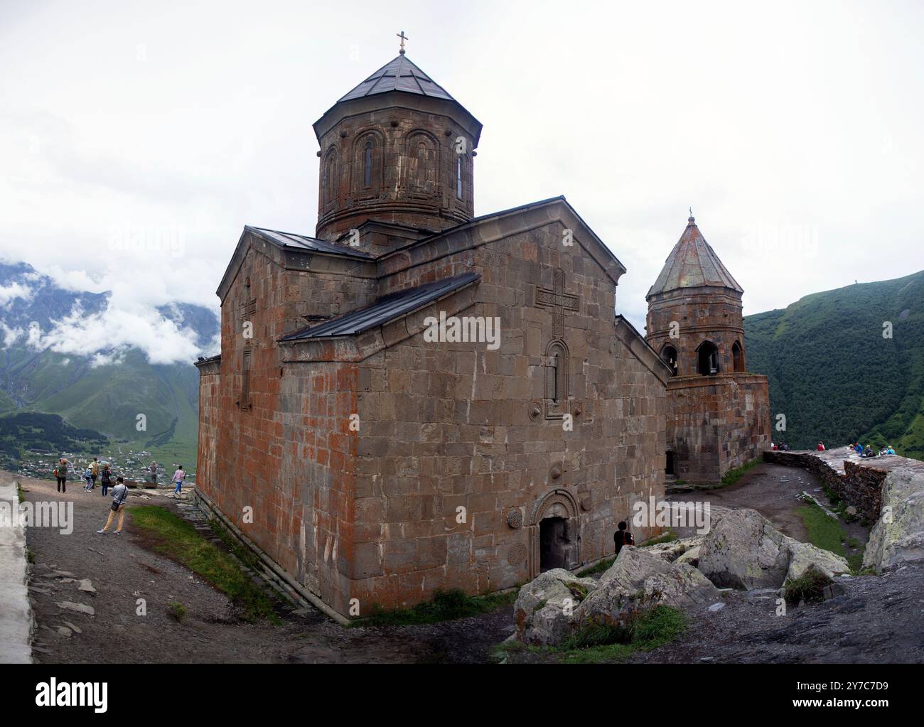 A panoramic view of the Gergeti Trinity Church, a symbol of Georgian ...