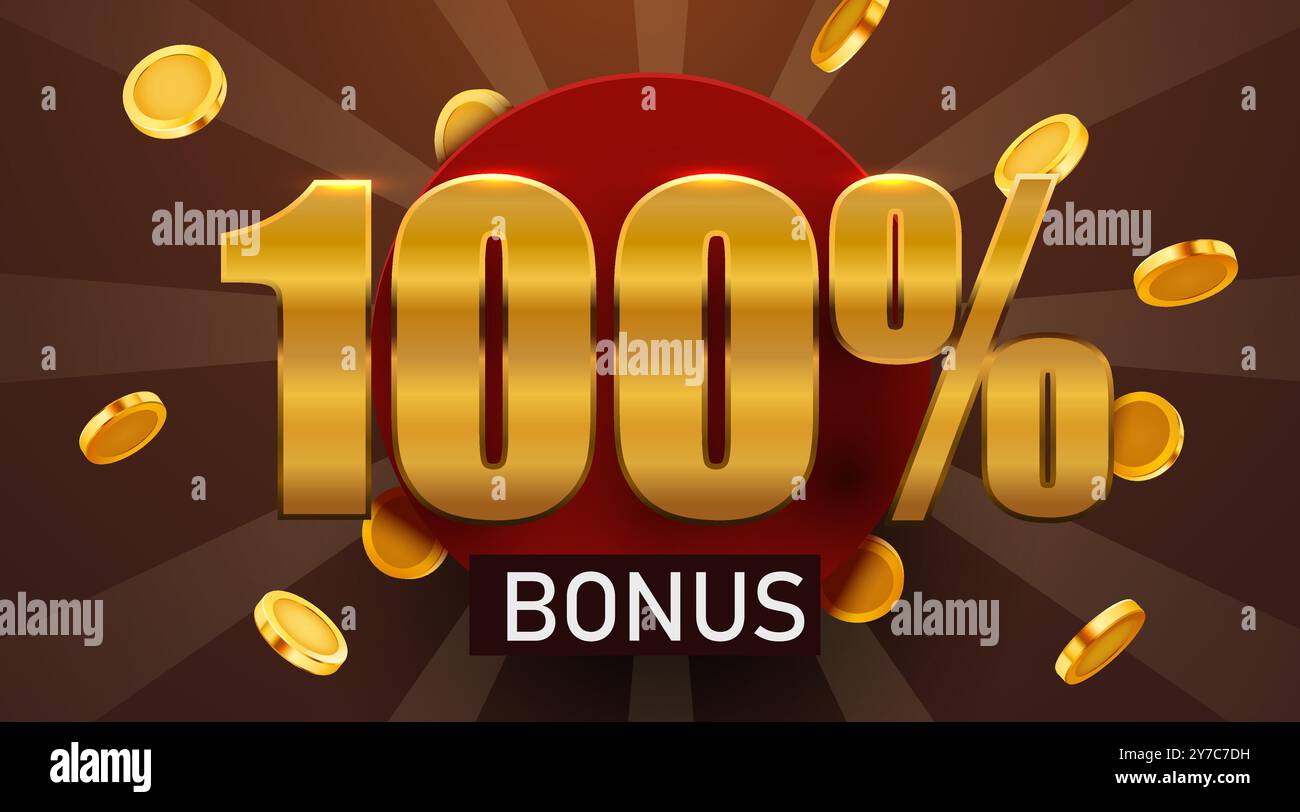100 percent bonus with falling golden coins. Cashback or prize concept ...