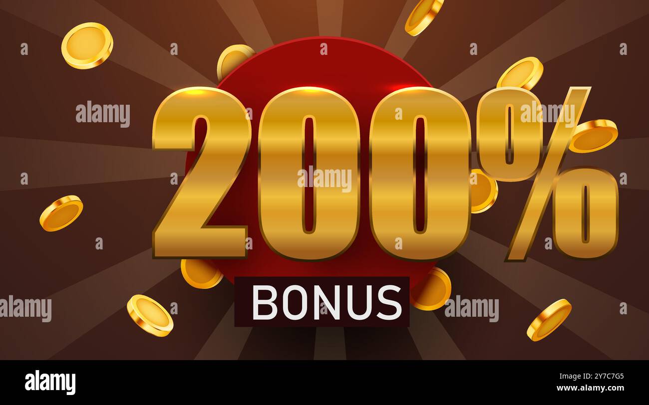 200 percent bonus with falling golden coins. Cashback or prize concept ...