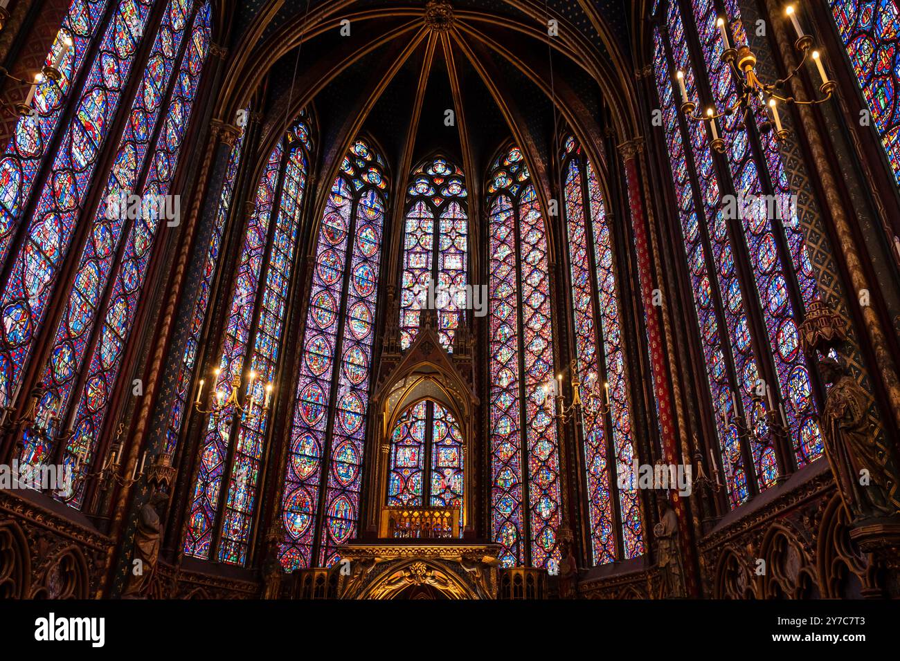 Paris, France August 15 2024, gothic stained glass windows in Sainte ...