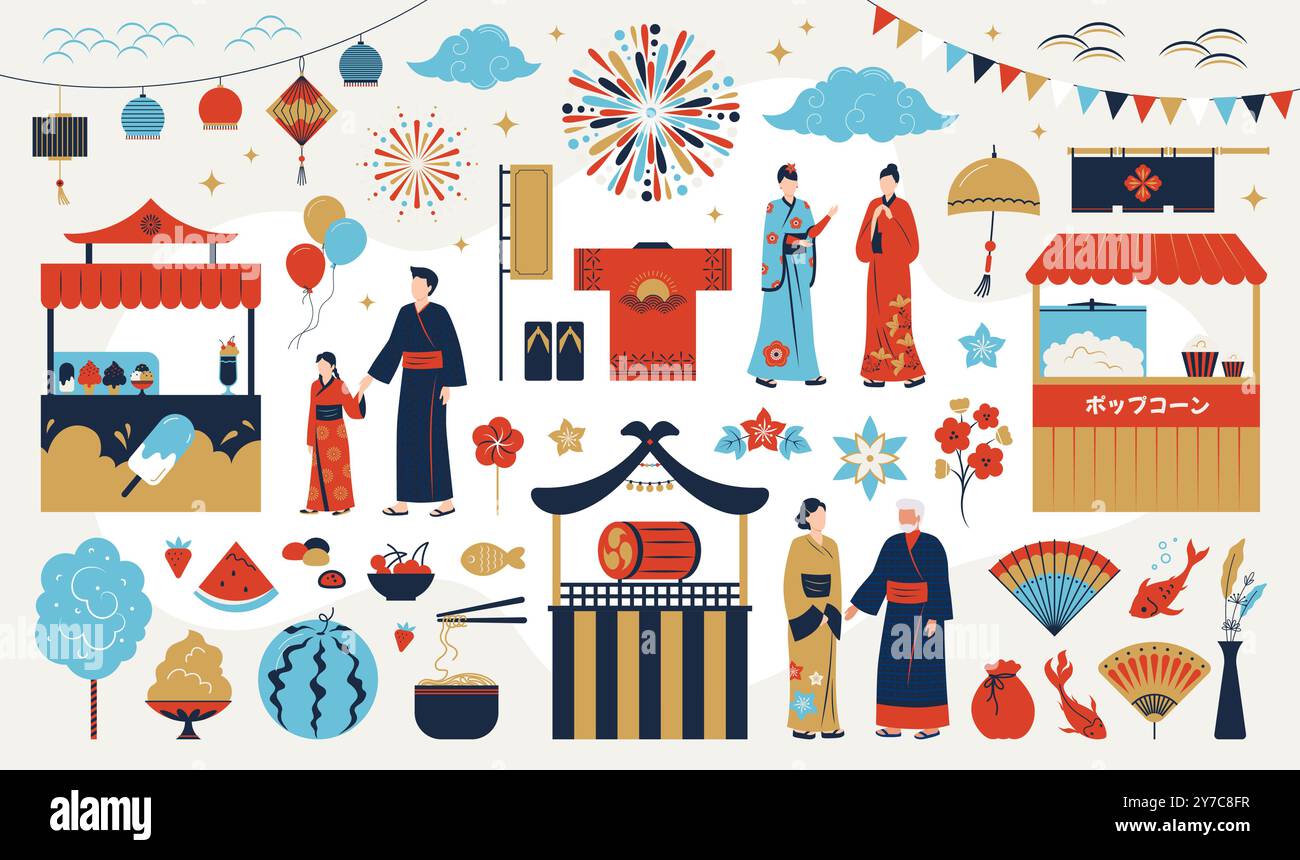 Japan people in yukata. Japanese family walk in park. Nostalgia booth ...