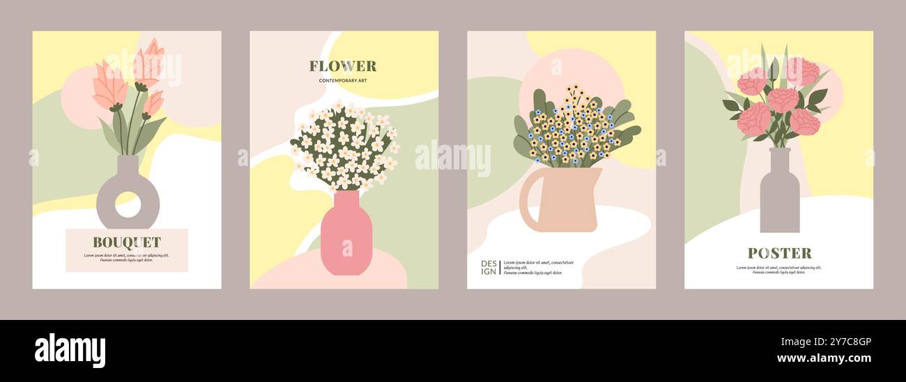 Flower posters. Bouquet in vase, Organic shapes background. Spring ...