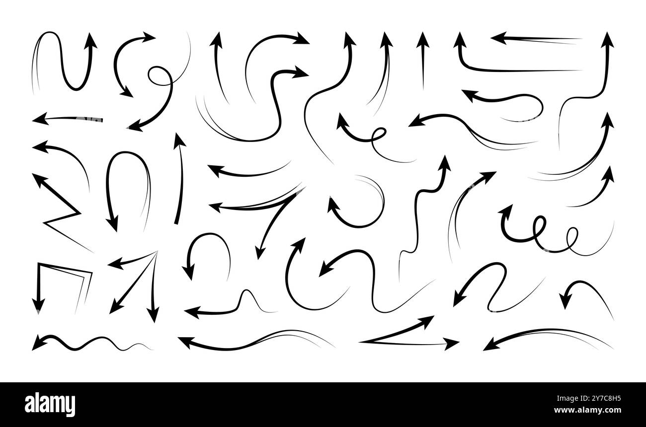 Line arrows. Curve hand drawn icons, circle right swirl design. Wavy scribble pencil sketch ...