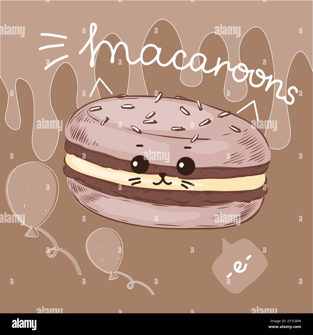 Macaron poster. Chocolate cookie. Cartoon food character. Smiling face ...
