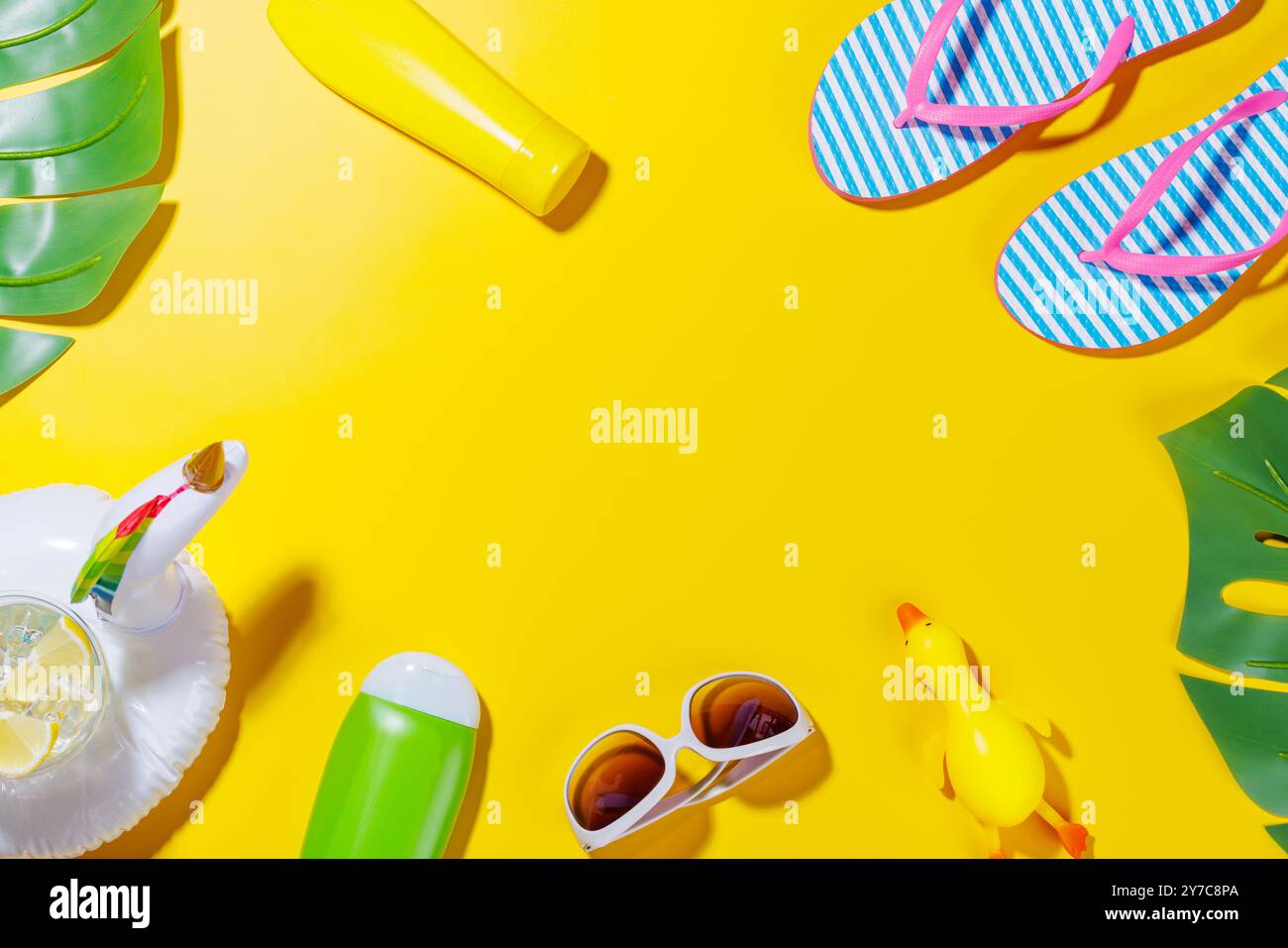 A vibrant summer vacation scene with flip flops, shades, and a floating ...