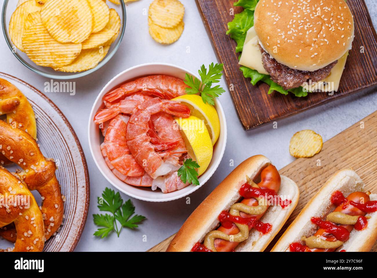 A vibrant photo showcasing various beer snacks and fast food items ...