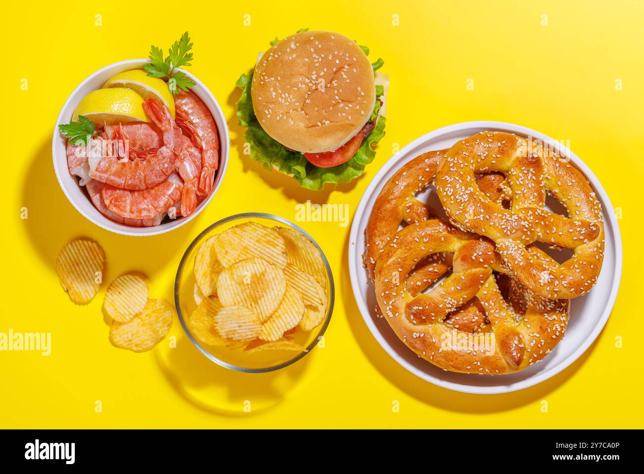A vibrant photo showcasing various beer snacks and fast food items ...