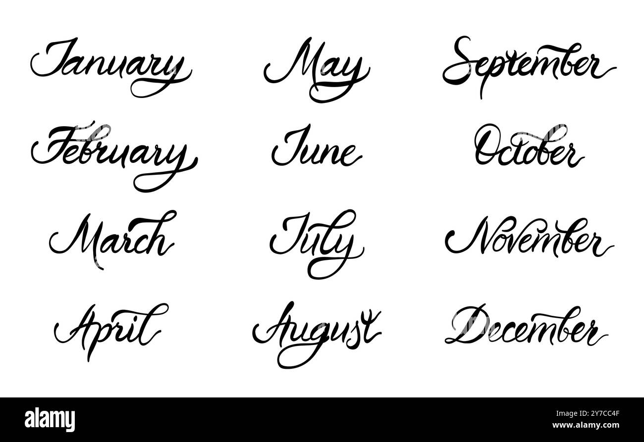 Hand drawn script lettering set with names of 12 months. Handwritten ...