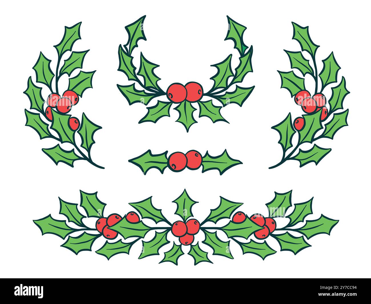 Christmas holly garland set with leaves and berries. Hand drawn winter ...