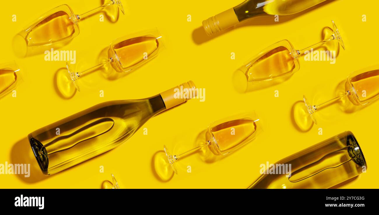 Seamless flat lay background with white wine glasses and bottles evenly ...