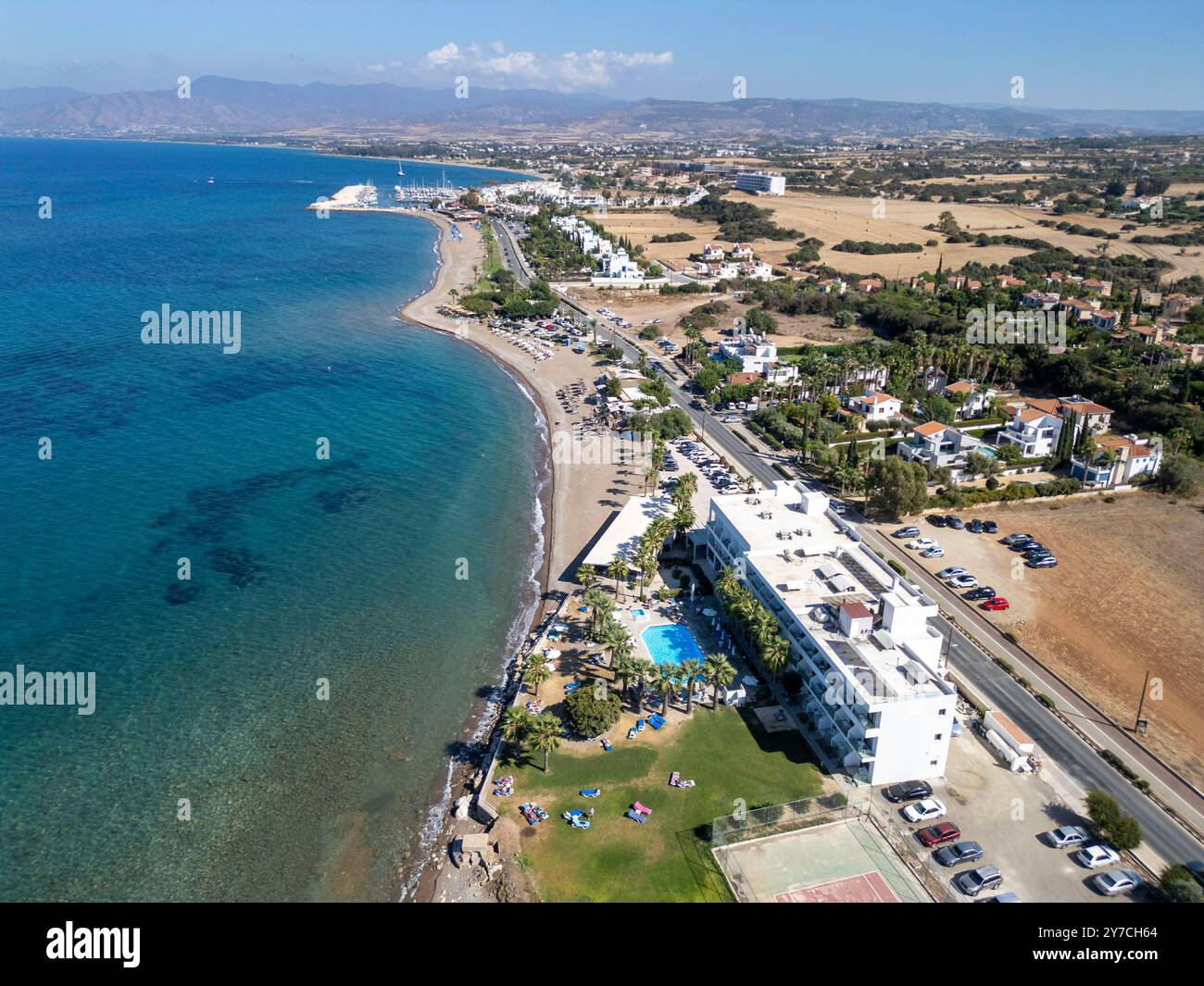 Aerial drone view of Chrysochou bay, Souli Beach Hotel and Latchi ...