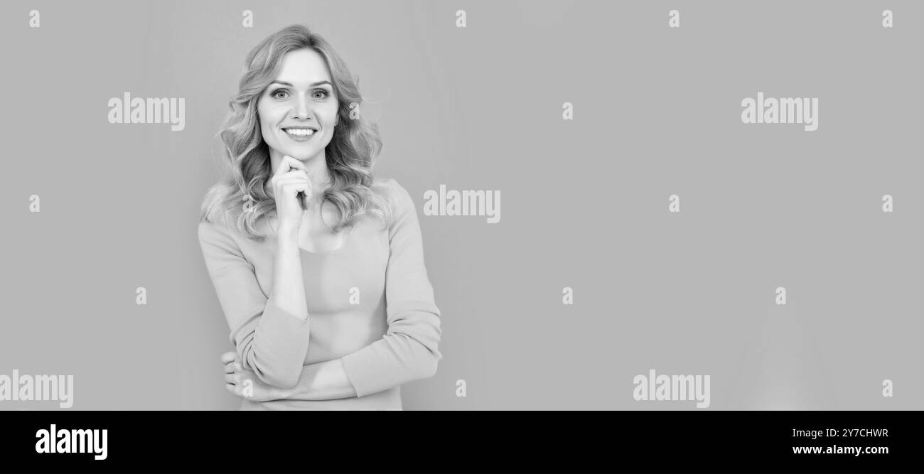 Woman isolated face portrait, banner with mock up copy space. Make them ...