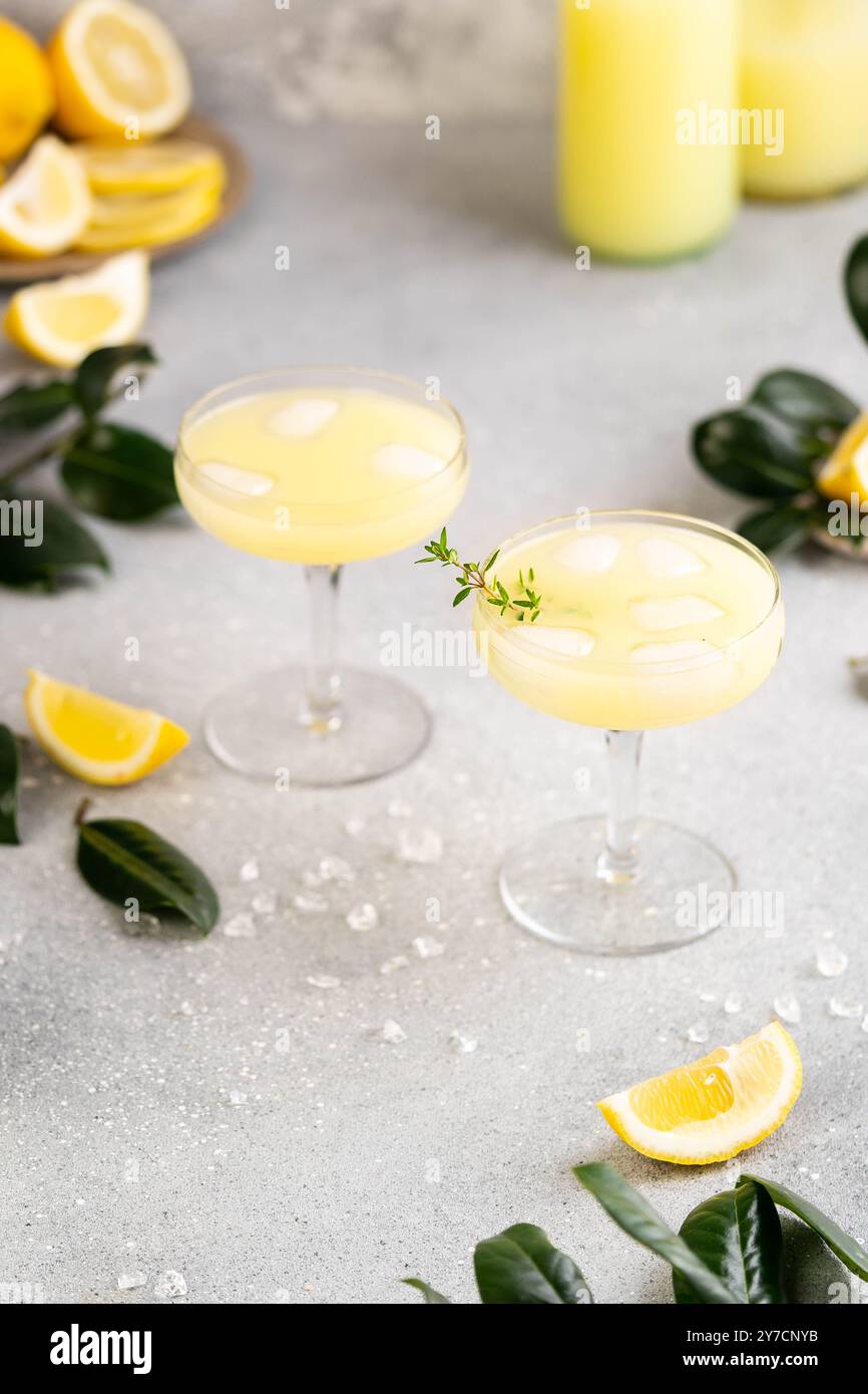 Homemade limoncello with ice in glasses. Italian alcoholic drink Stock ...