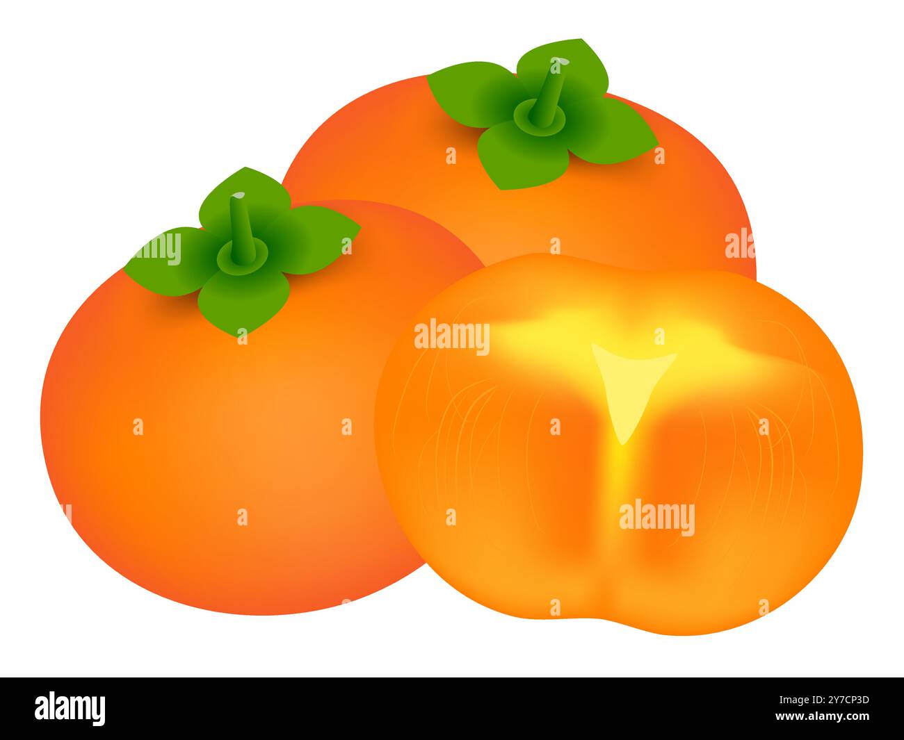 Two whole fruits of persimmons and a slice isolated on white background ...