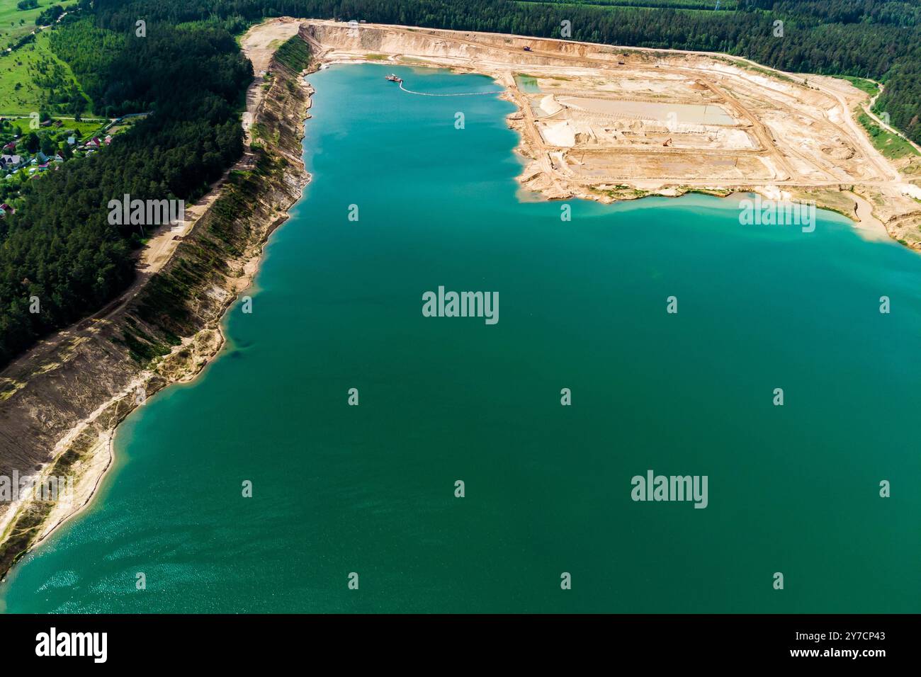 Aerial view of a large flooded sand quarry. Bolotsky quarry, Kaluga ...
