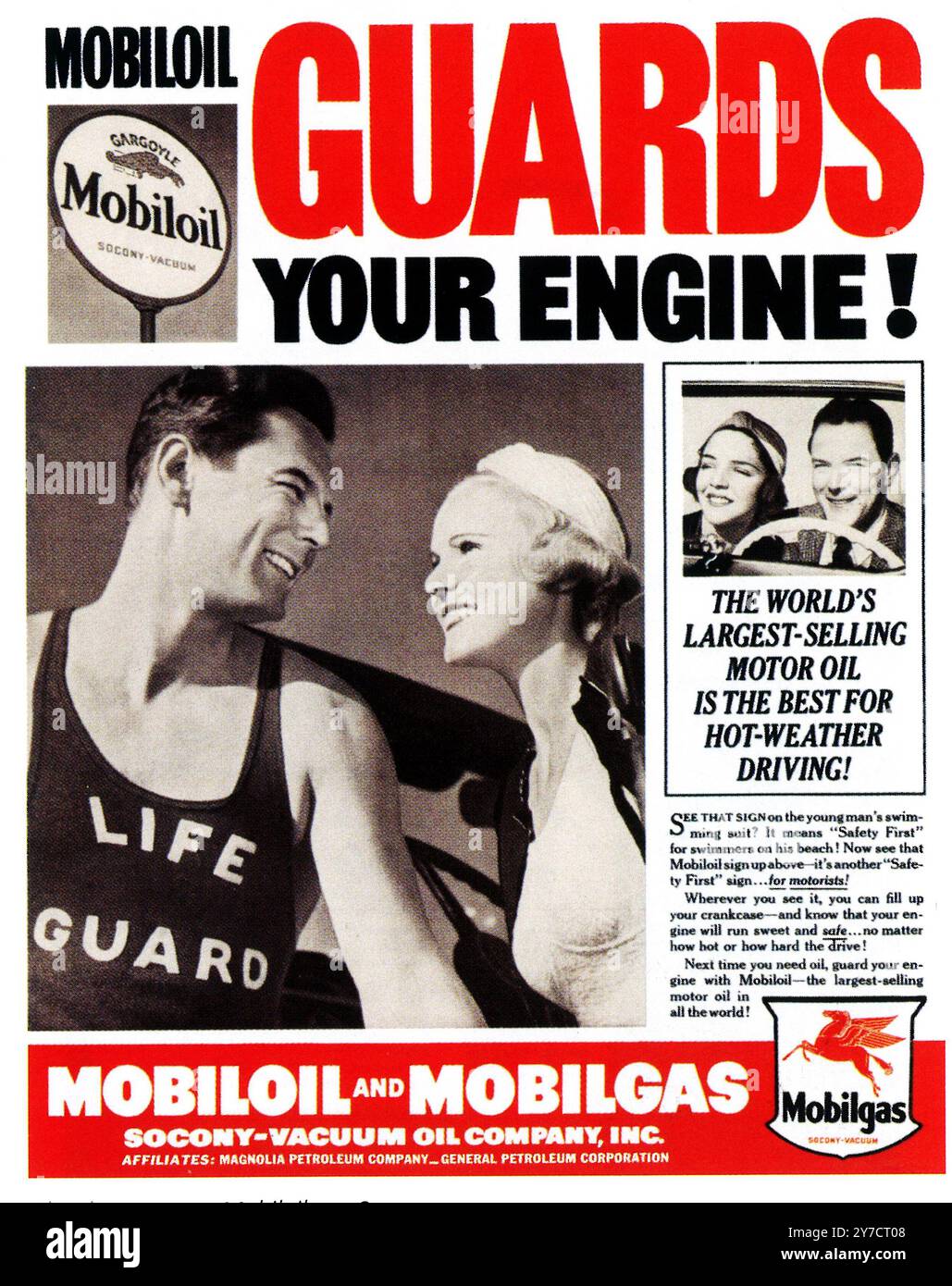 1938 Mobiloil and Mobilgas Ad - "Guards your engine!" - "Hot-weather ...