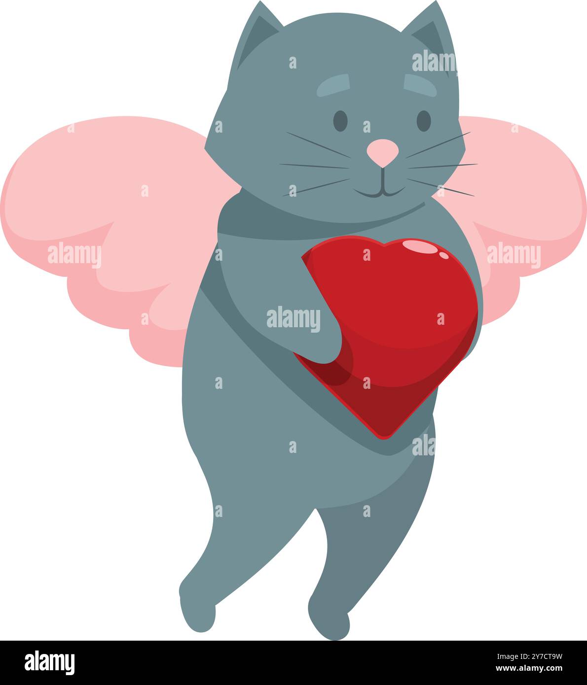Cartoon grey cat with pink angel wings holding a red heart Stock Vector ...