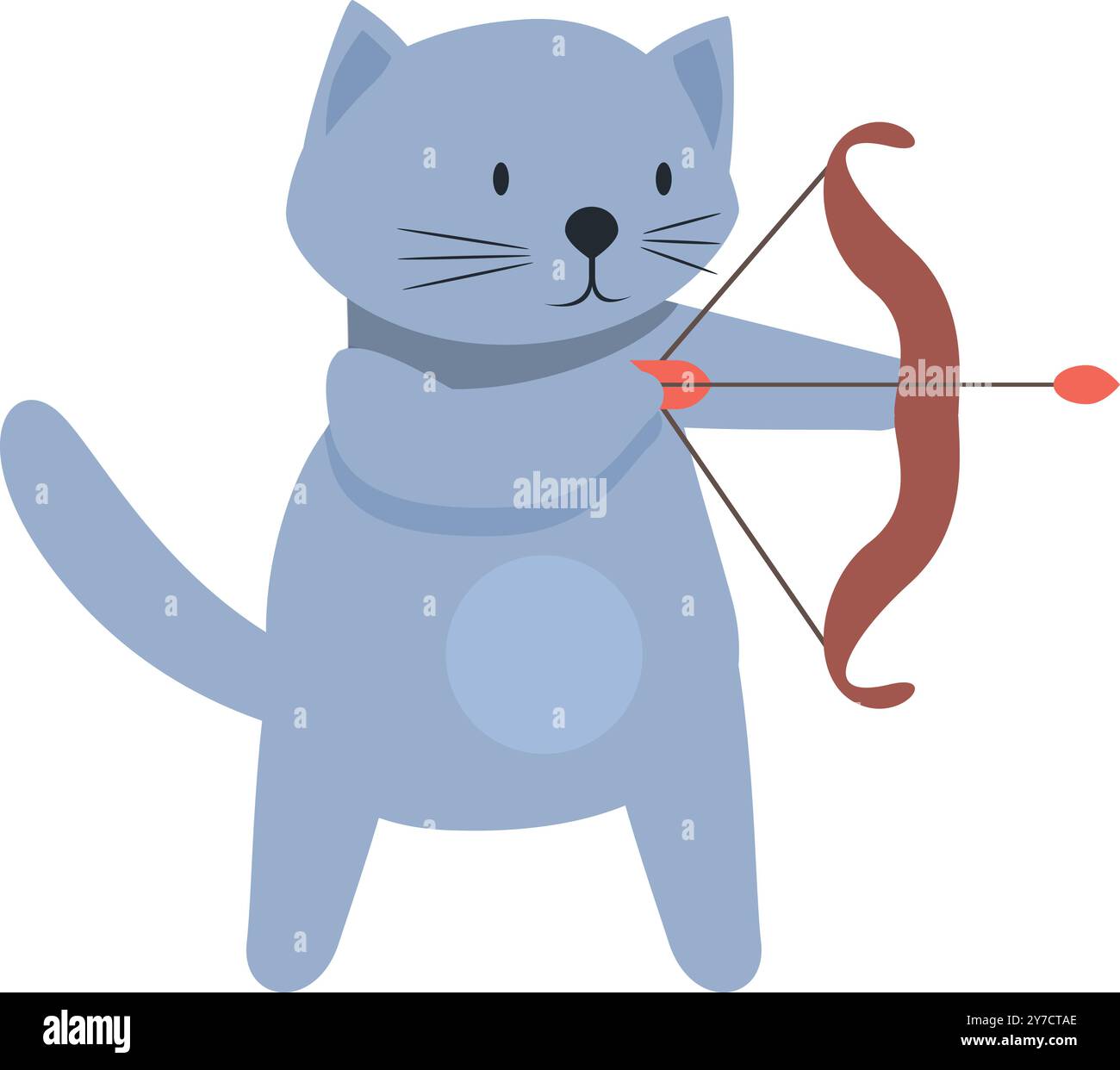 Cartoon blue cat aiming with bow and arrow, funny pet animal archer ...