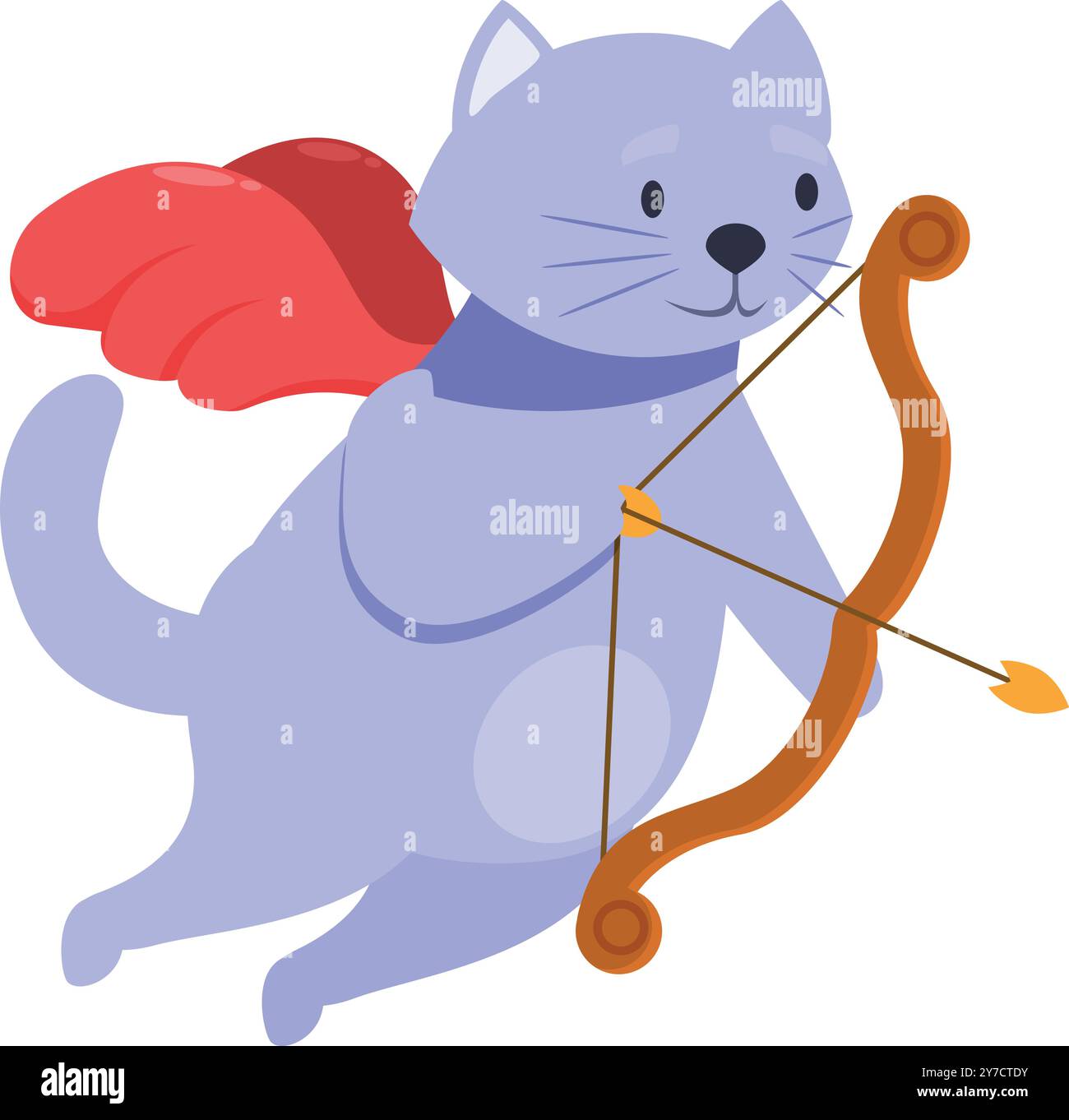 Blue cat cupid with red wings is aiming his bow and arrow getting ready ...