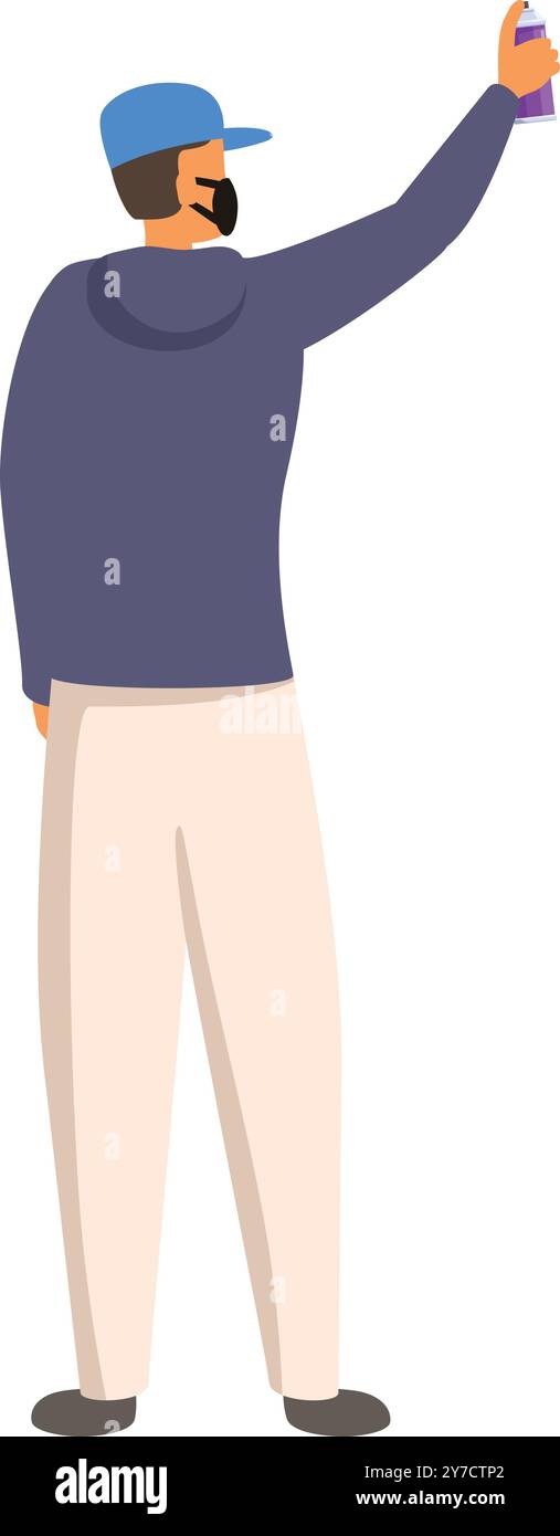 Street artist wearing a mask is using spray paint to create urban art ...