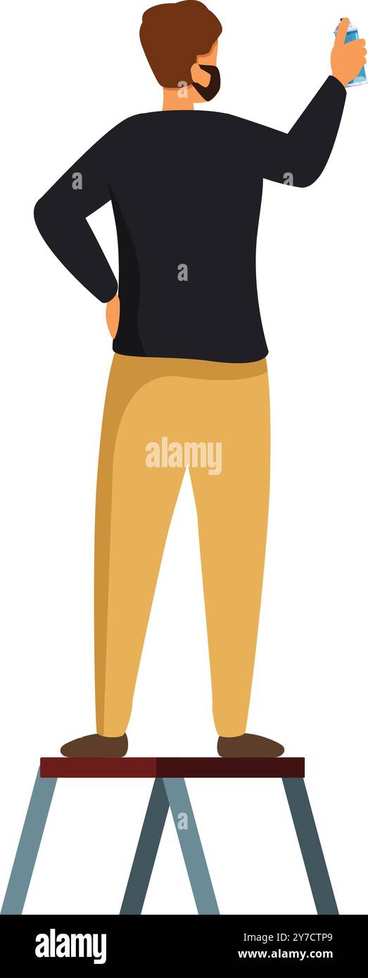 Back view of a street artist standing on a ladder and using spray paint ...