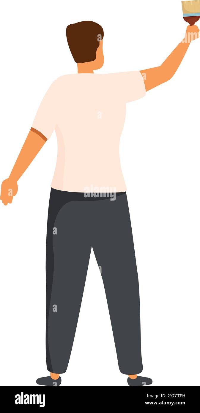 Male painter is holding a paintbrush in his hand reaching up to paint a ...