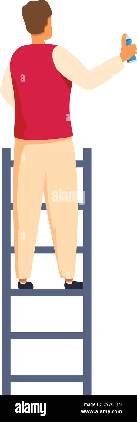 Painter is standing on a ladder using spray paint to reach high while ...