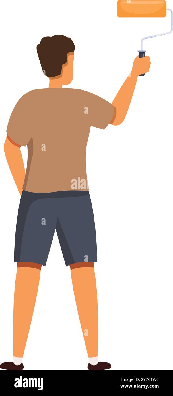Painter man holding paint roller rear view painting walls and home ...