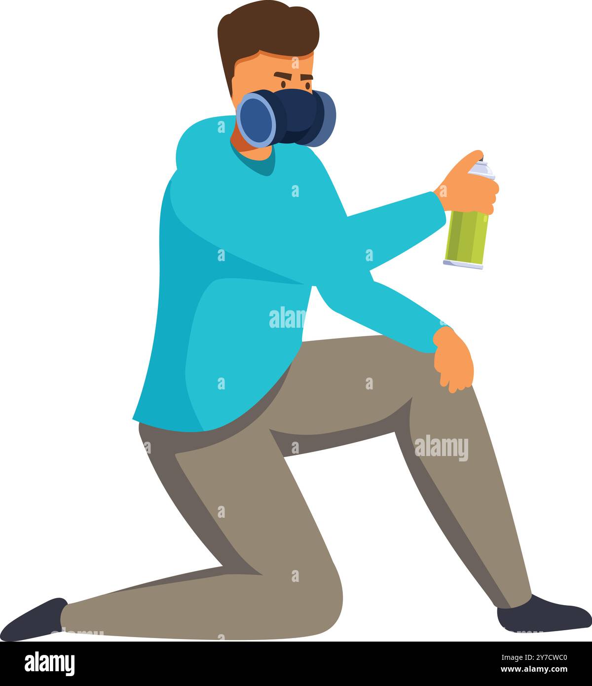 Street artist is kneeling and holding a spray can, wearing a gas mask ...